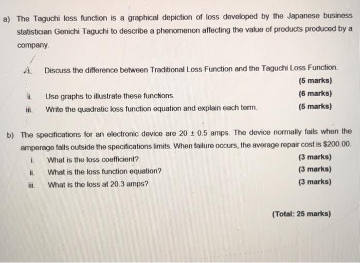 Solved a) The Taguchi loss function is a graphical depiction | Chegg.com