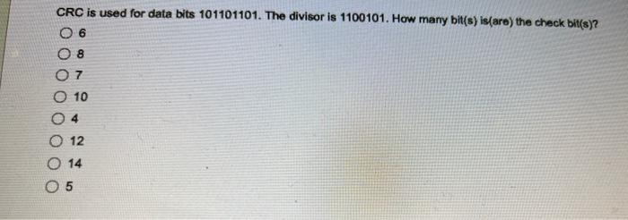 Solved CRC is used for data bits 101101101. The divisor is | Chegg.com