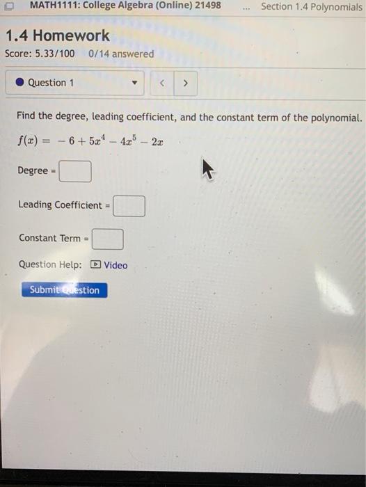 Solved MATH1111: College Algebra (Online) 21498 Section 1.4 | Chegg.com