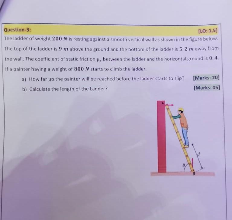 Solved Question-3: [LO: 1,5] The ladder of weight 200 N is | Chegg.com