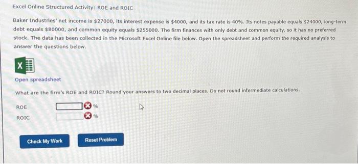 Solved Excel Online Structured Activity: ROE and ROIC Baker | Chegg.com