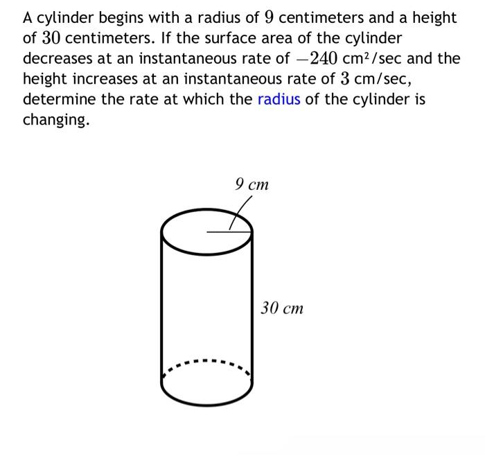 Solved A cylinder begins with a radius of 9 centimeters and | Chegg.com
