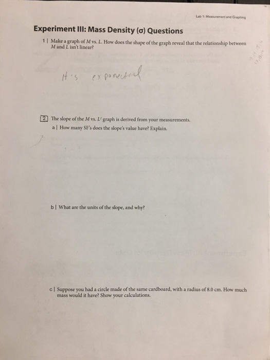 Lab 1: Measurement and Graphing Experiment III: Mass | Chegg.com