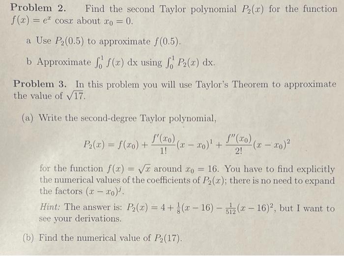 Solved Problem 2 Find The Second Taylor Polynomial P2 2