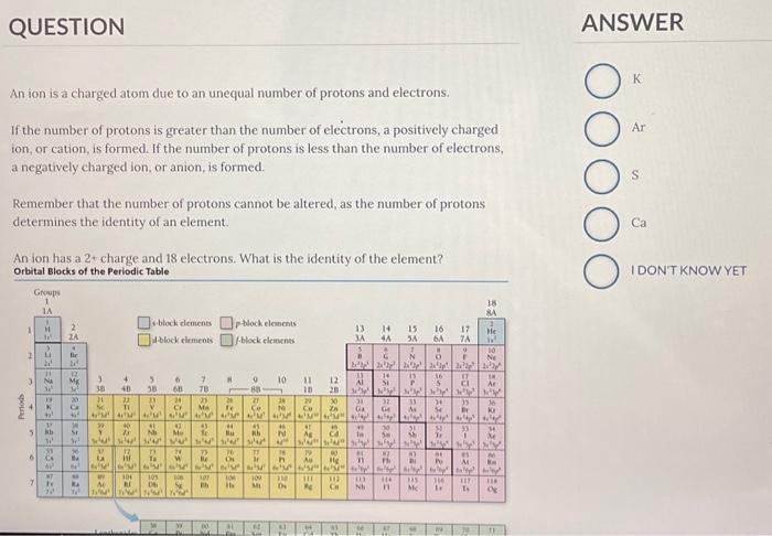 Solved QUESTION ANSWER An ion is a charged atom due to an | Chegg.com