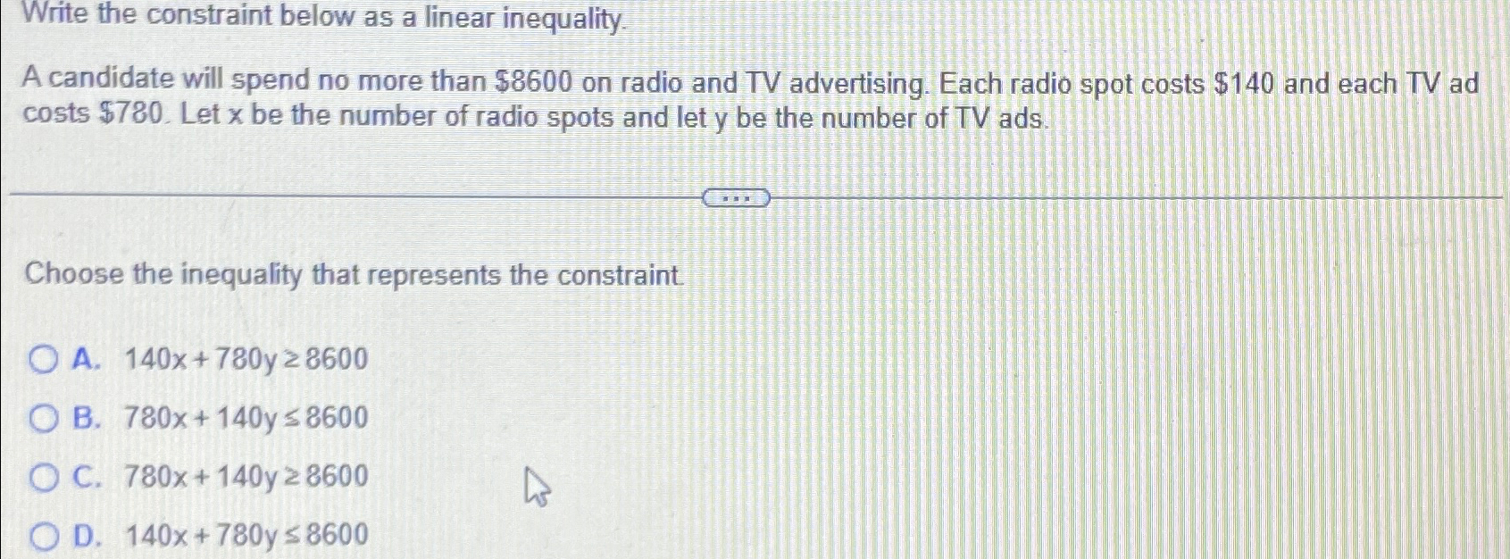 Solved Write the constraint below as a linear inequality.A | Chegg.com