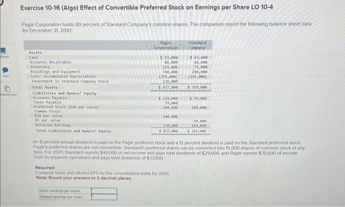 Solved Exercise 10-16 (Algo) Effect of Convertible Preferred | Chegg.com