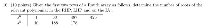 Solved 10. (10 points) Given the first two rows of a Routh | Chegg.com
