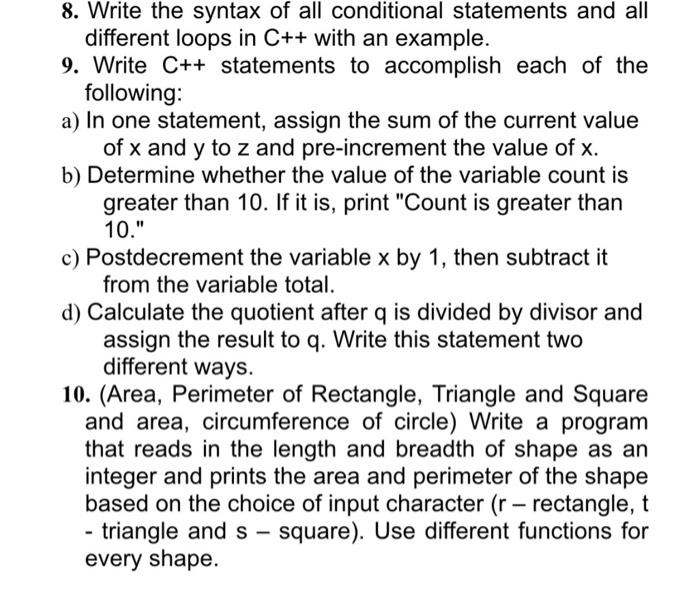 Solved 8. Write the syntax of all conditional statements and | Chegg.com