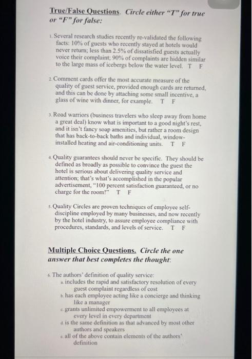 Solved True/False Questions. Circle either " T " for true or | Chegg.com