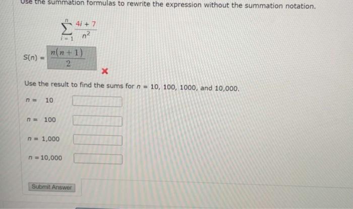 Solved ∑i=1nn24i+7S(n)=2n(n+1) Use the result to find the | Chegg.com