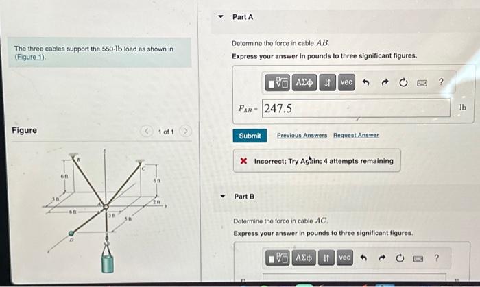 Solved The three cables support the 550-lb load as shown in | Chegg.com