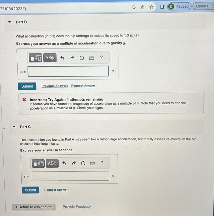 Solved What acceleration (in g 's) does the hip undergo to | Chegg.com