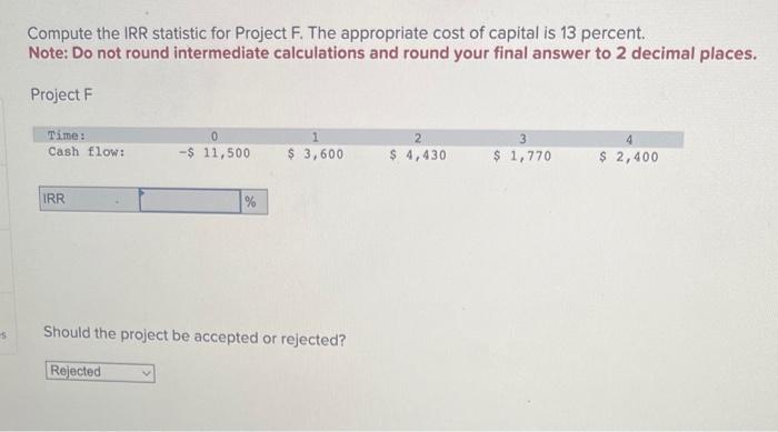 Solved Compute the IRR statistic for Project F. The | Chegg.com