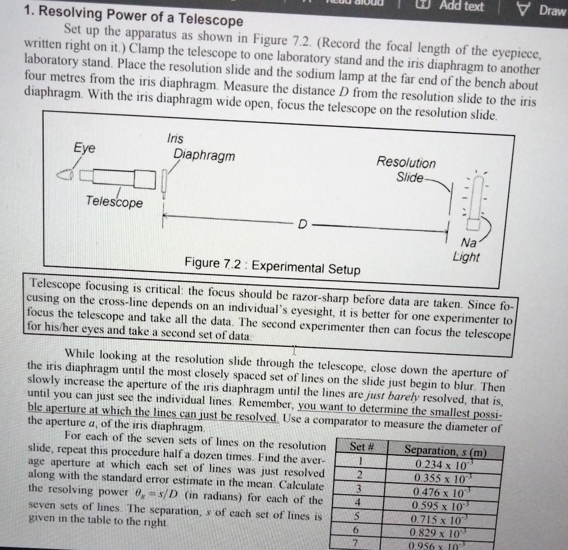 Solved 1. Resolving Power of a Telescope Set up the | Chegg.com