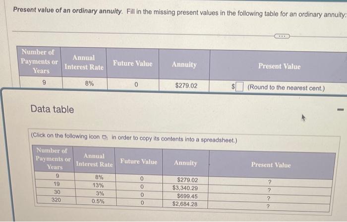 Solved Present value of an ordinary annuity. Fill in the | Chegg.com