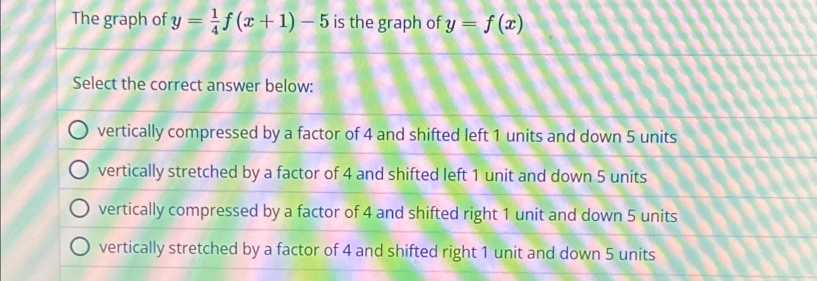Solved The graph of y=14f(x+1)-5 ﻿is the graph of | Chegg.com