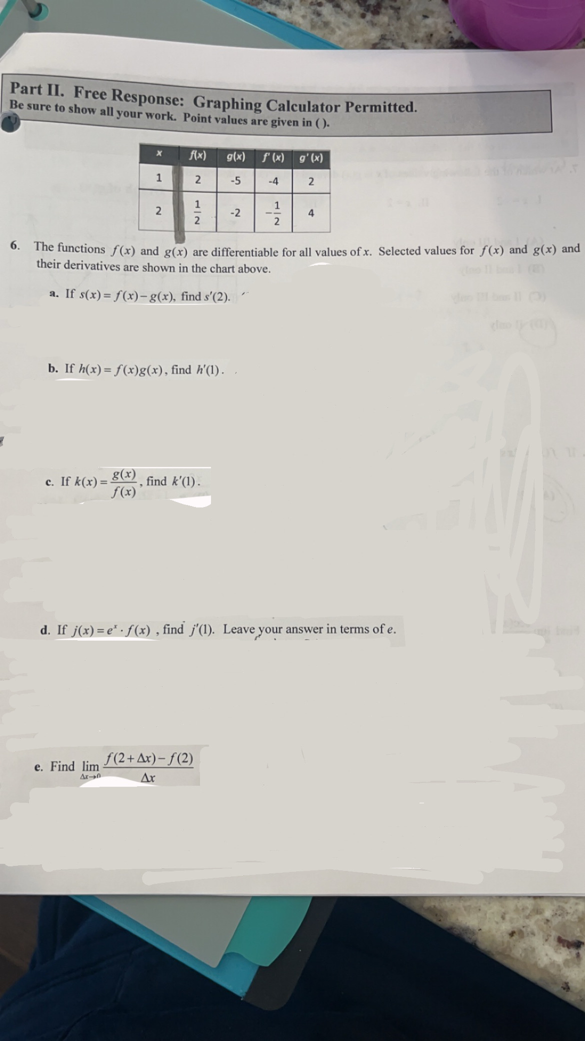 Solved Part II. ﻿Free Response: Graphing Calculator | Chegg.com