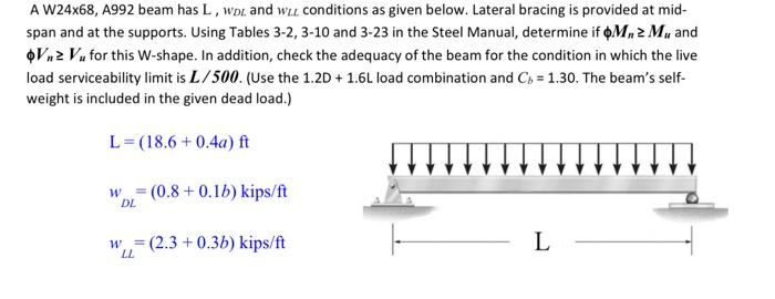 Solved A W24x68, A992 beam has L, wpr. and WLL conditions as | Chegg.com