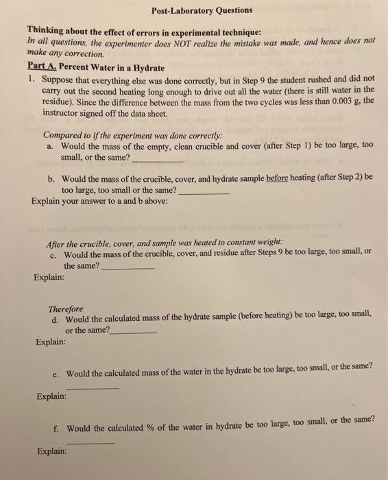 Solved Post-Laboratory Questions Thinking about the effect | Chegg.com