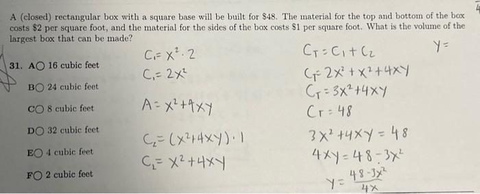 Solved A (closed) rectangular box with a square base will be | Chegg.com