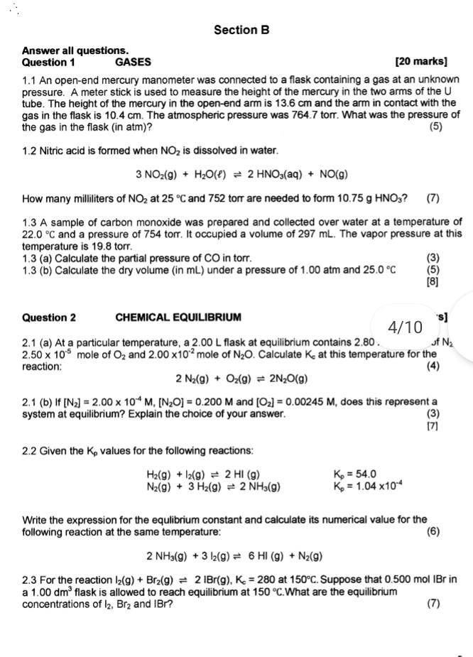 Solved Section B Answer all questions. Question 1 GASES [20 | Chegg.com