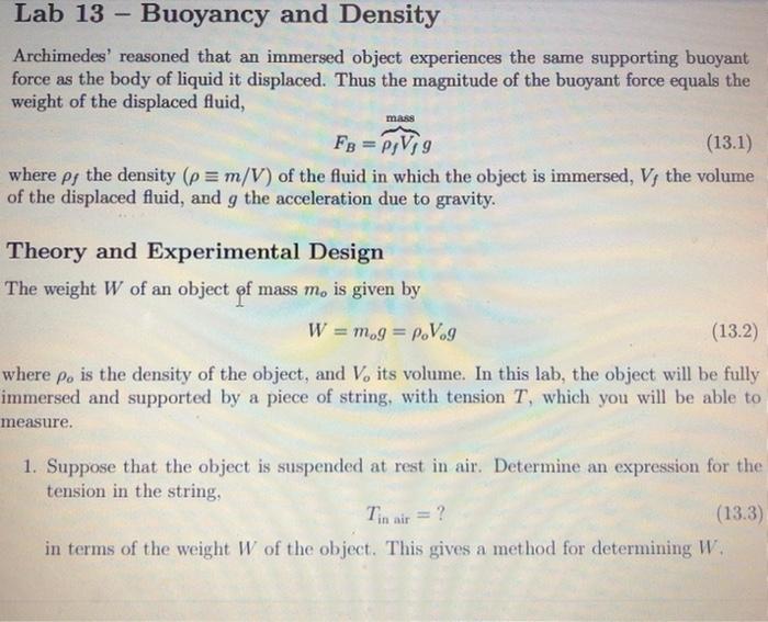 Solved Lab 13 - Buoyancy and Density Archimedes' reasoned | Chegg.com