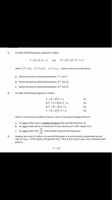Solved 1. Consider the following two regression modek: | Chegg.com