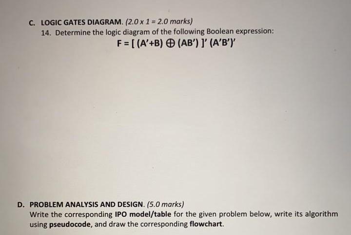 Solved C. LOGIC GATES DIAGRAM. (2.0x 1 = 2.0 marks) 14. | Chegg.com