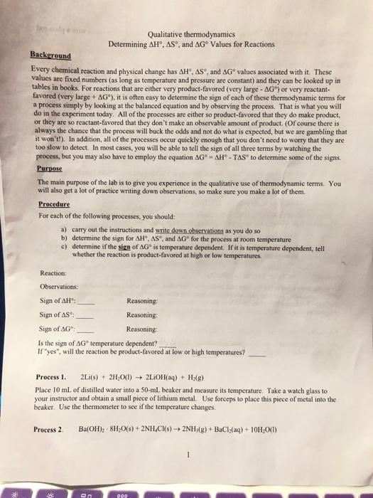 Qualitative thermodynamics Determining AH", AS, and | Chegg.com