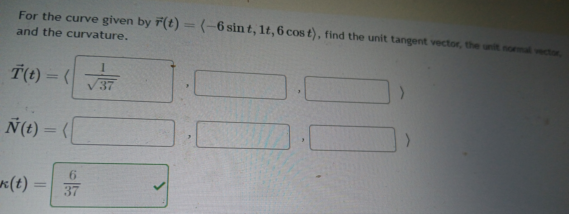 Solved For the curve given by vec(r)(t)=(:-6sint,1t,6cost:), | Chegg.com