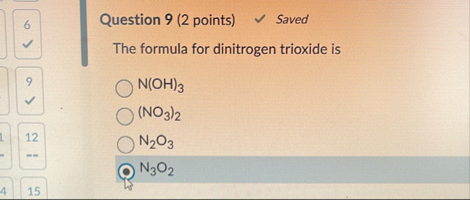Solved Question 9 (2 ﻿points)SavedThe formula for dinitrogen | Chegg.com