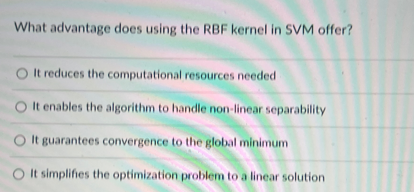 Solved What advantage does using the RBF kernel in SVM | Chegg.com