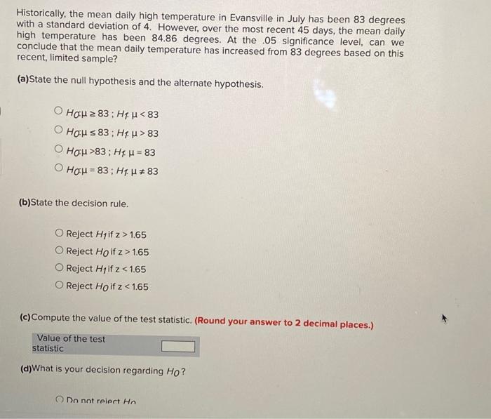 Solved Historically, the mean daily high temperature in | Chegg.com
