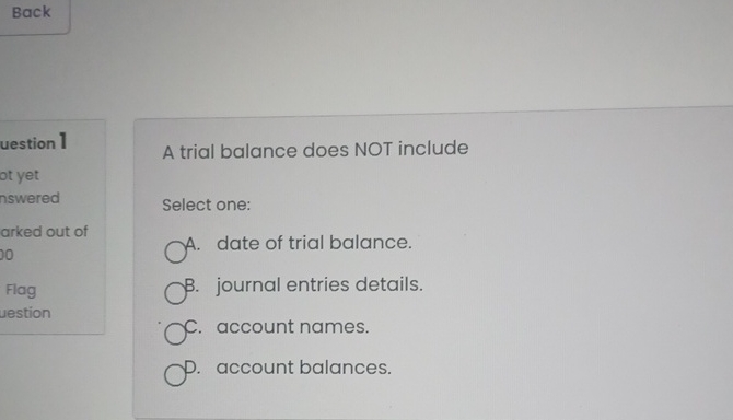 Solved A trial balance does NOT includeSelect one:date of | Chegg.com