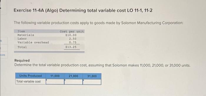 Solved Exercise 11-4A (Algo) Determining total variable cost | Chegg.com