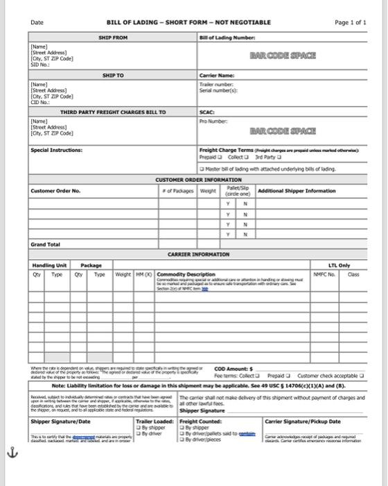 Date BILL OF LADING - SHORT FORM - NOT NEGOTIABLE | Chegg.com