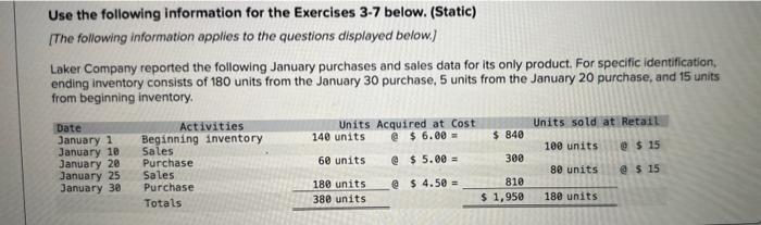 Solved Use the following information for the Exercises 3-7 | Chegg.com