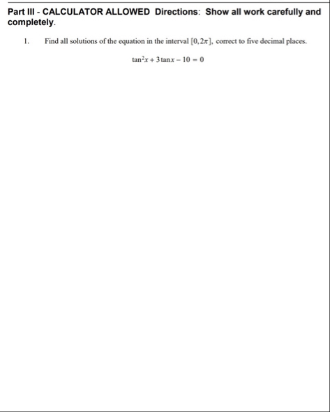 Solved Part III - ﻿CALCULATOR ALLOWED Directions: Show all | Chegg.com