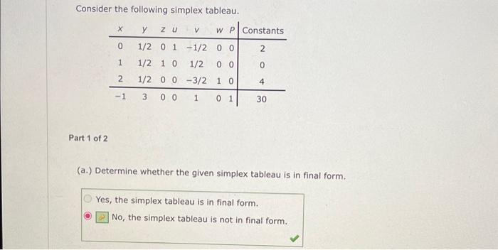 Consider the following simplex tableau. Part 1 of 2 | Chegg.com