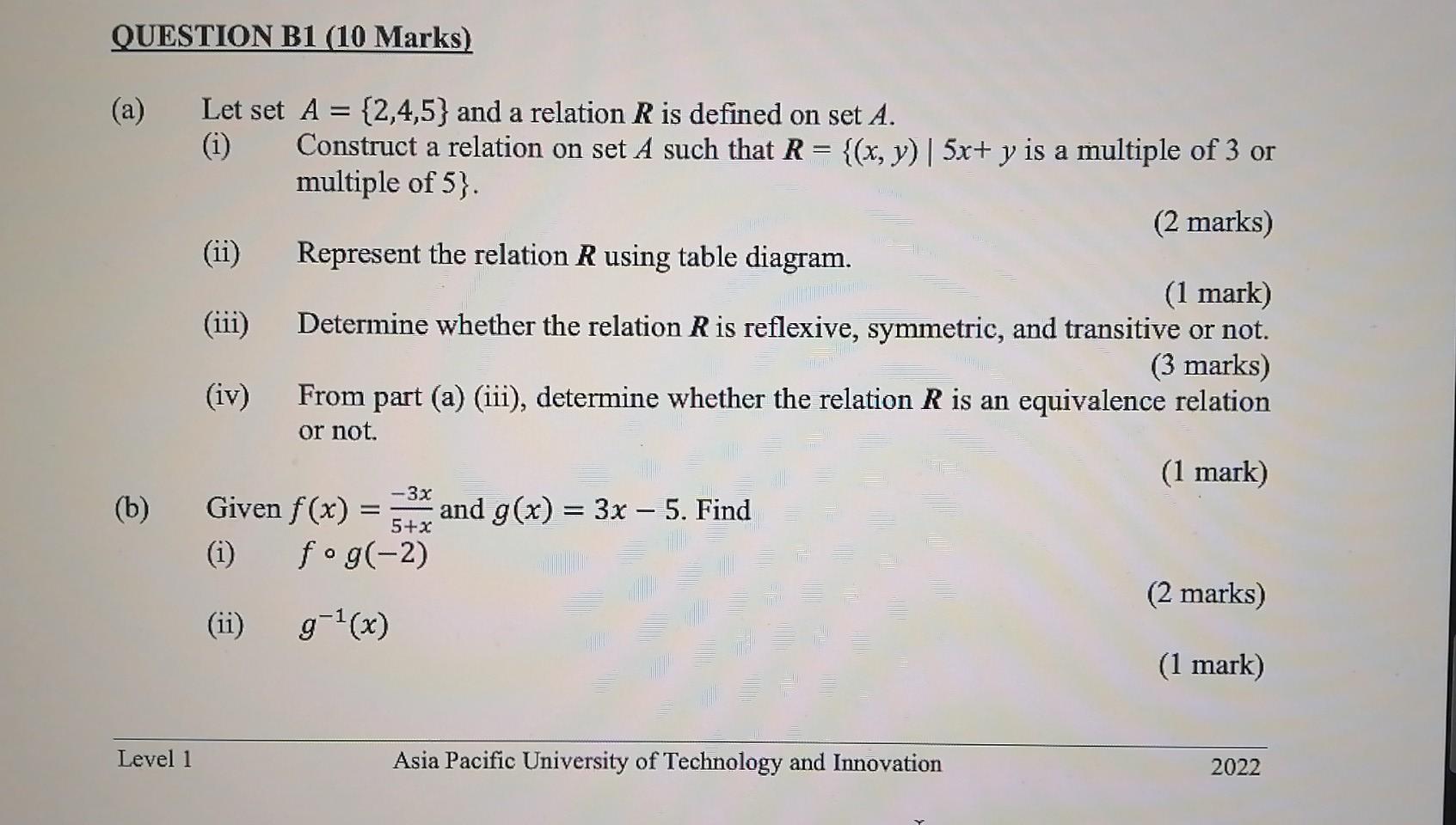 Solved QUESTION B1 (10 Marks) (a) (b) Level 1 Let set A = | Chegg.com