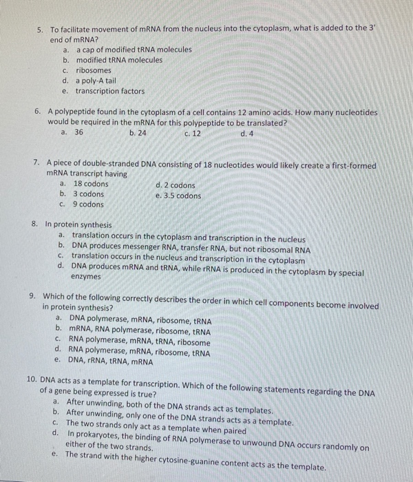 Solved 5. To facilitate movement of mRNA from the nucleus | Chegg.com