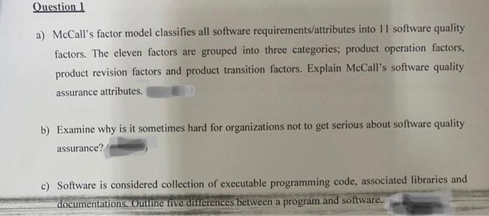 Solved A Mccalls Factor Model Classifies All Software