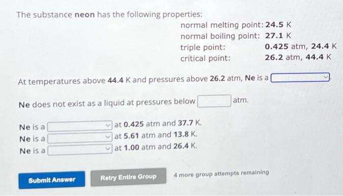 Solved The substance neon has the following properties: | Chegg.com