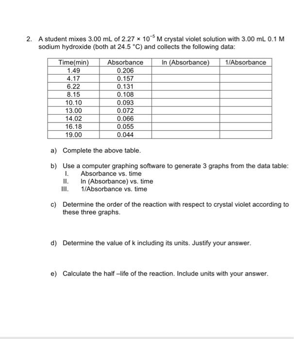 Solved 2. A student mixes 3.00 mL of 2.27×10−5M crystal | Chegg.com