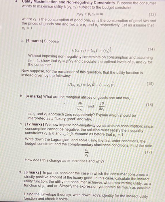 Solved Utility Maximisation and Non-negativity Constraints. | Chegg.com