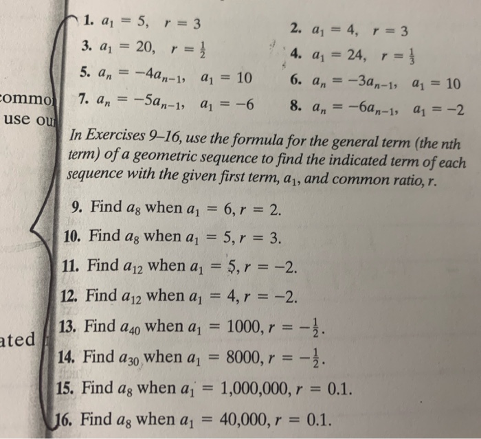 Solved h 1. a = 5 r = 3 2. a = 4, r=3 3. a1 = 20, r = { 4. a | Chegg.com