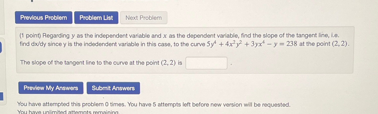 Solved (1 ﻿point) ﻿Regarding y ﻿as the independent variable | Chegg.com