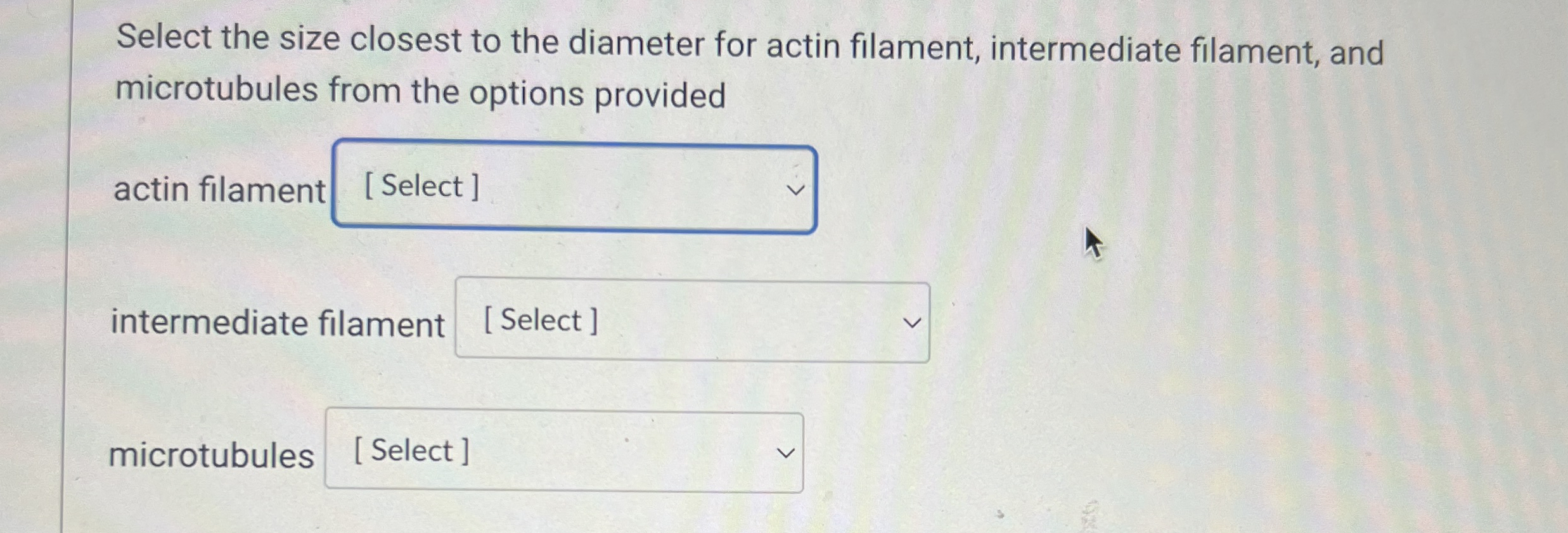 Solved Select the size closest to the diameter for actin | Chegg.com