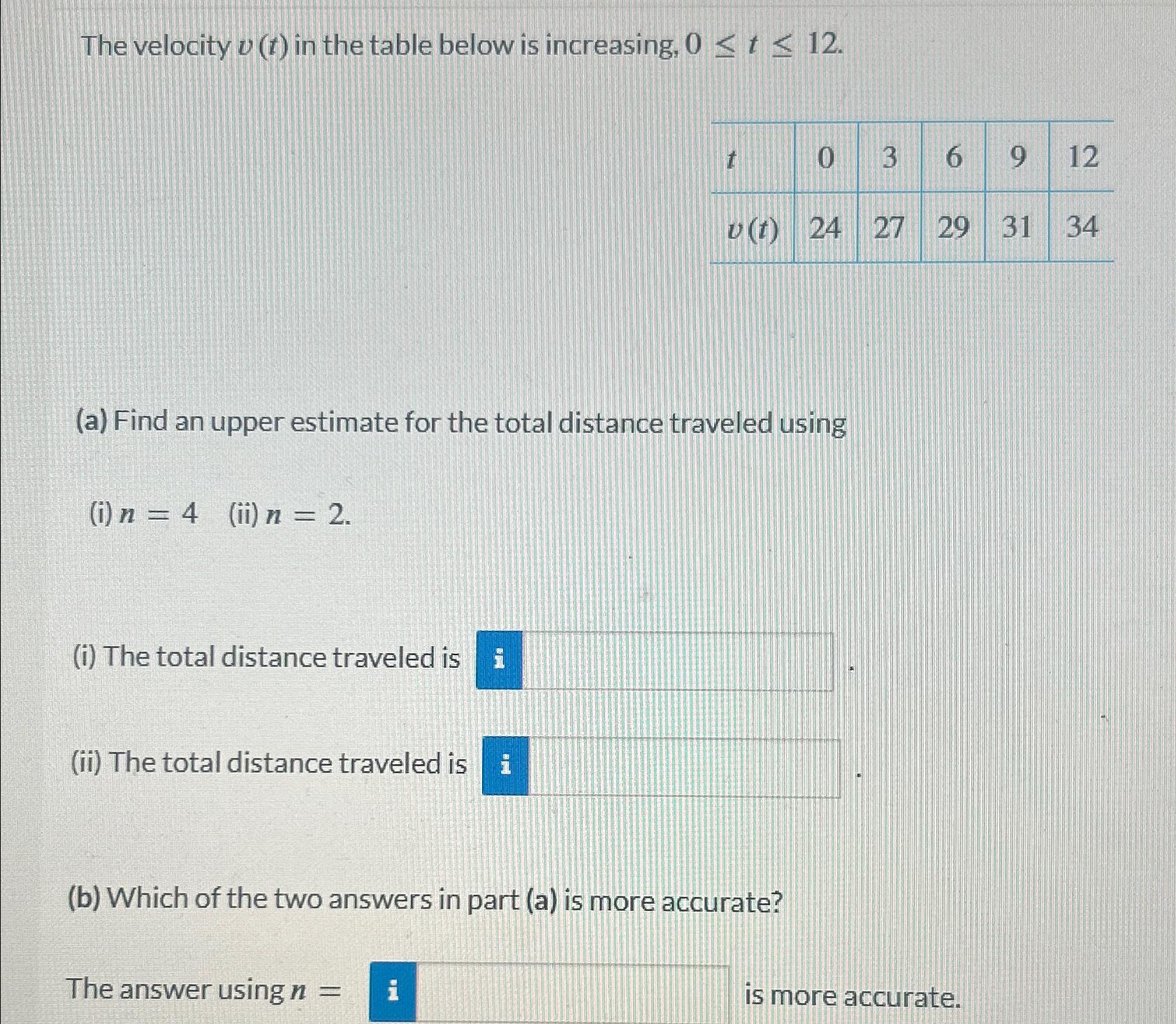 Solved The velocity v(t) ﻿in the table below is increasing, | Chegg.com